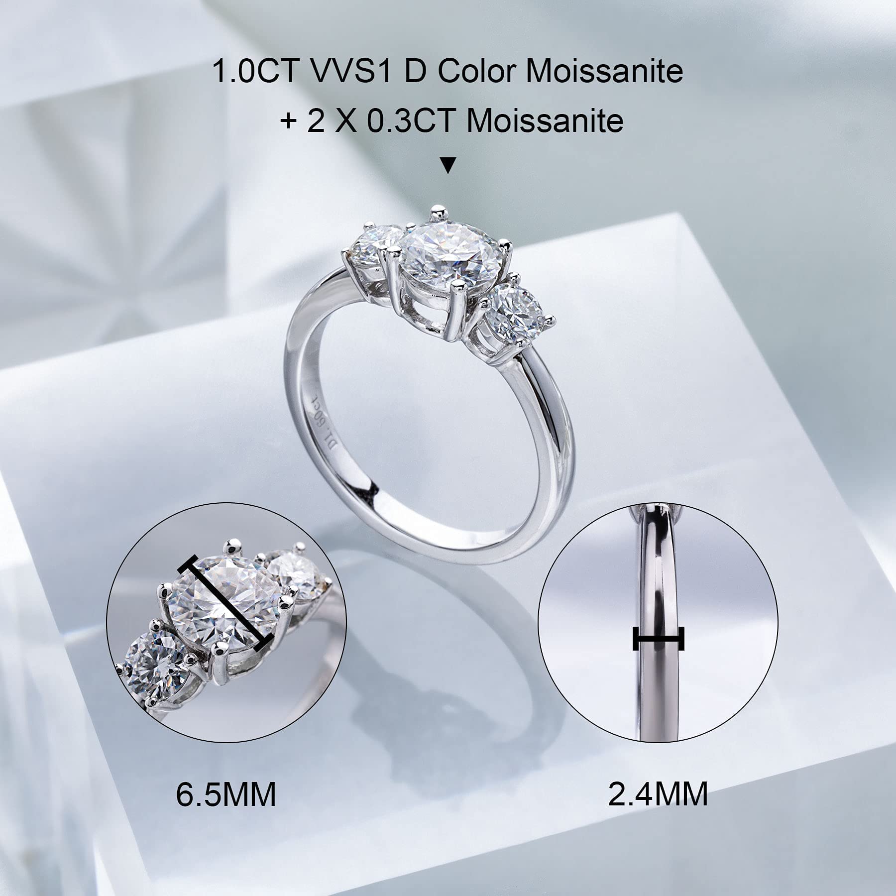 Ladylike Moissanite 3 Stone Engagement Rings 1.6 Carats and 7 Stone Wedding Band 0.7ct D Color VVS1 Simulation Diamond Ring (size 10)