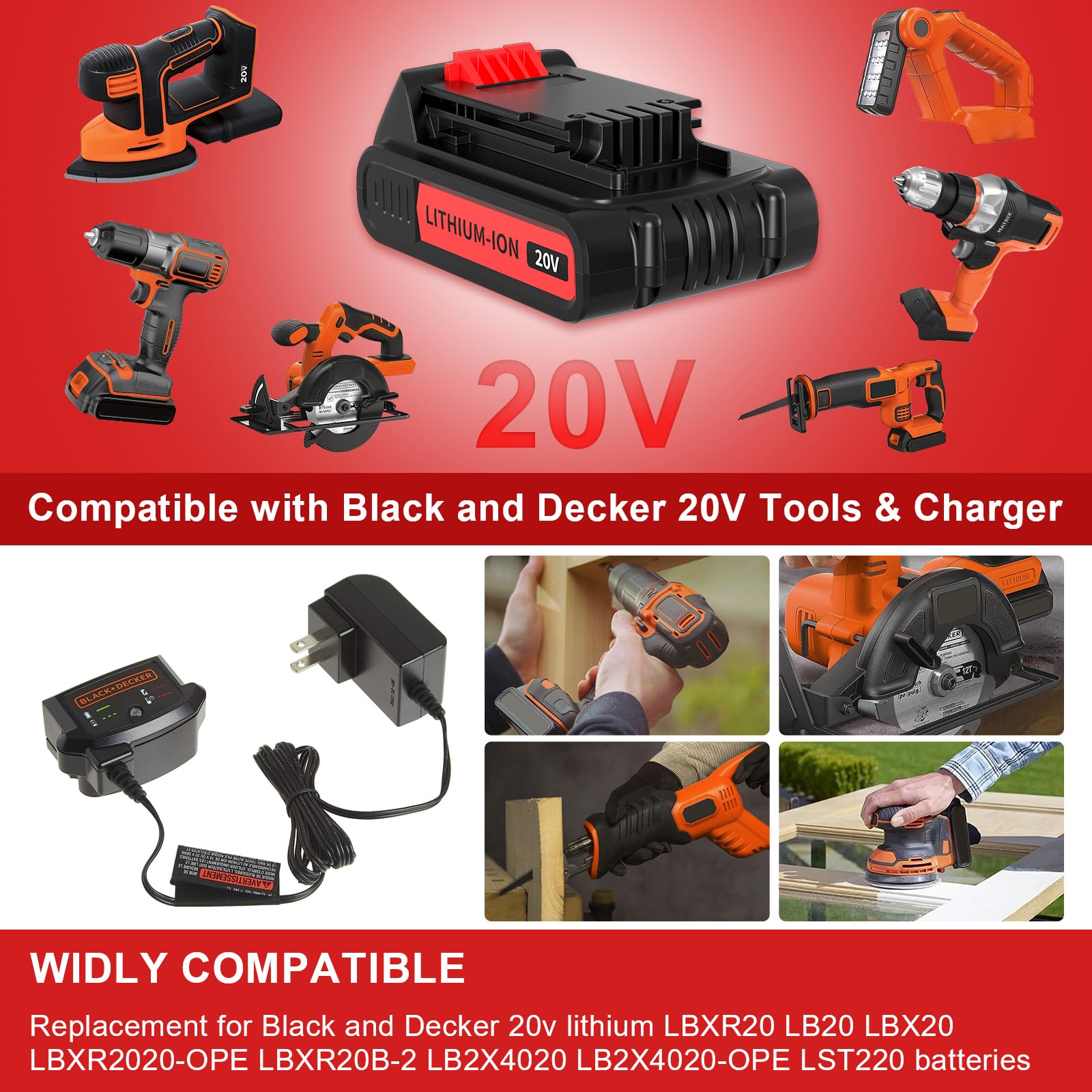 JUNWOOD 2Pack 3800mAh Replacement for Black and Decker 20V Battery Lithium Max Compatible with LB20 LBX20 LST220 LBXR2020-OPE LBXR20B-2 LB2X4020