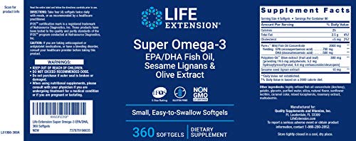 Life Extension Super Omega-3 360 Softgels (Pack of 2), Easy to Swallow, EPA/DHA Omega3 Fish Oil, Sesame Lignans & Olive Extract
