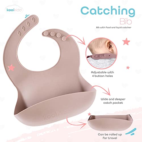 KOOLKIDD 11 in 1 Silicone Baby Feeding Set with Suction Bowl Plate Sippy Cup Spoons Forks Adjustable Bib Placemat for 6+ Months Dishwasher and Microwave Safe (Pink)
