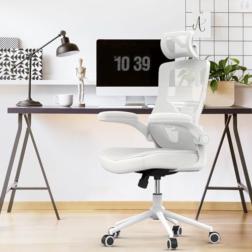 π―πΆπ΄π¬ πΆπππ°πͺπ¬ πͺπ―π¨π°πΉ, Ergonomic Mesh Desk Chair, High Back Computer Chair- Adjustable Headrest with Flip-Up Arms, Lumbar Support, Swivel Executive Task Chair (Modern, White)