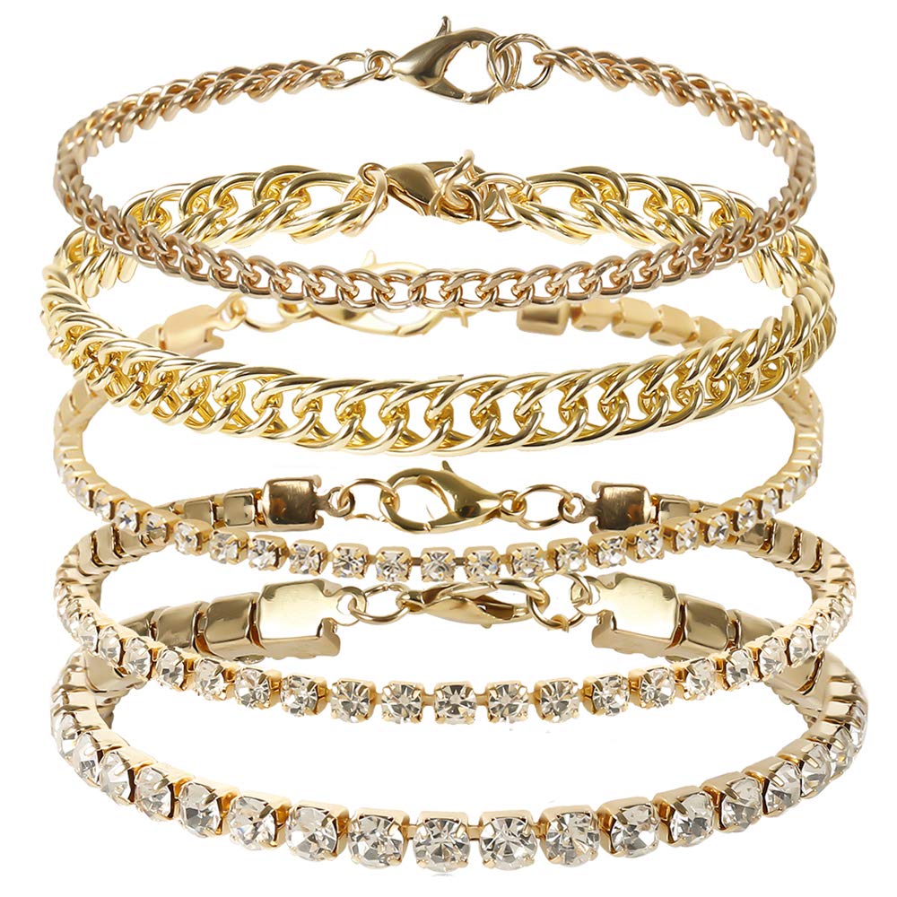kelistom Cuban Link Rhinestone Tennis Anklet Set for Women Teen Girls, 18K Gold or White Gold Plated Chain Ankle Bracelets for Women with Extension