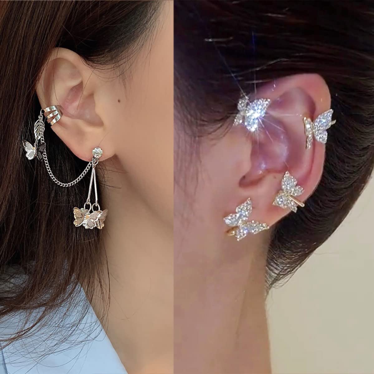 Nanafast 4 PCS Butterfly Dangle Earrings Set for Women Butterfly Tassels Drop Ear Cuff Clip Chain Stud Earrings for Girls-Silver2