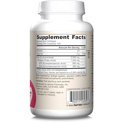 Jarrow Formulas EPA-DHA Balance, 1,200 mg Omega-3 Fatty Acids for Cardiovascular Support, 240 Softgels, 120 Day Supply