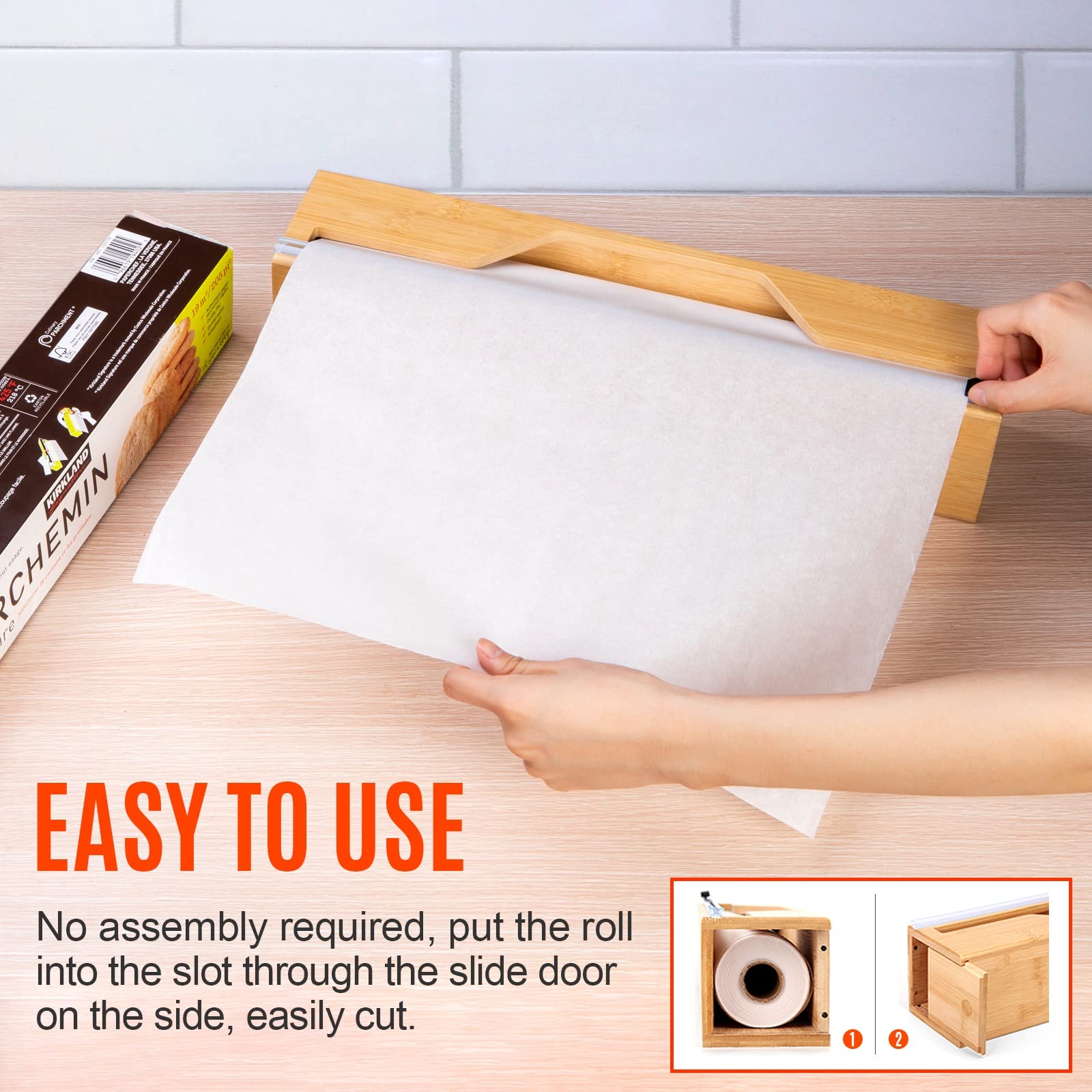 Libreshine Long Foil and Plastic Wrap Organizer with Cutter, Holder for 15 Inch Parchment Paper Roll, Bamboo Wall Mount Kitchen Wrap Dispenser