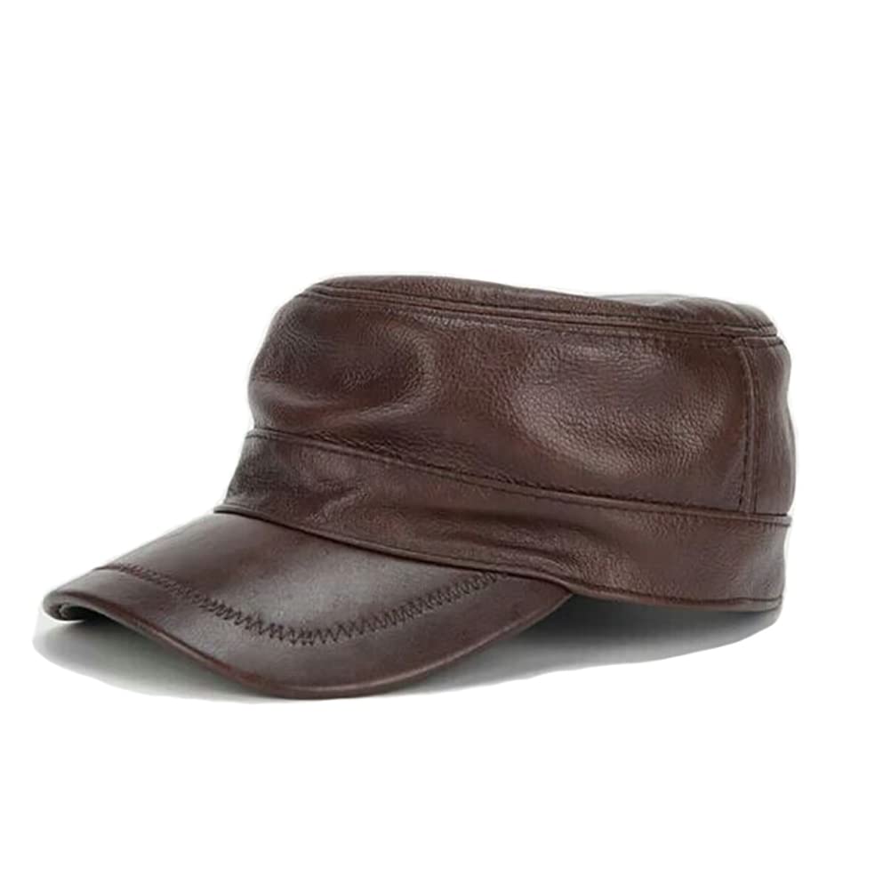 Mens Genuine Leather Flat Top Baseball Cap Army Cap Adjustable Military Hat Flat Cap Casquette Warm Classic 2 Colors
