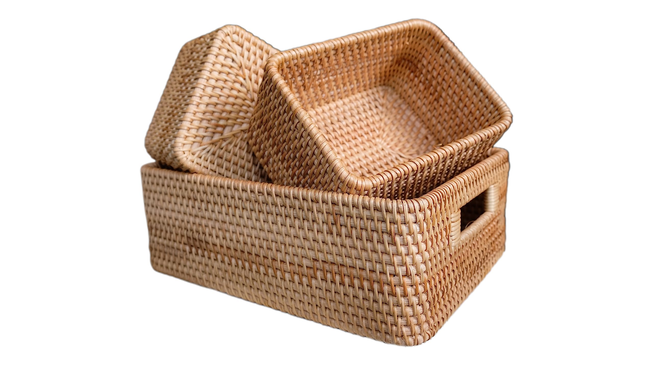 LiLaCraft Set 3 Rattan Natural Storage Baskets for Organizing, Wicker Cubby Storage Bins, Rattan Storage Baskets, Rope Woven Baskets for Storage with Carrying Handles Decor (Set of 3 (1L,2S))…