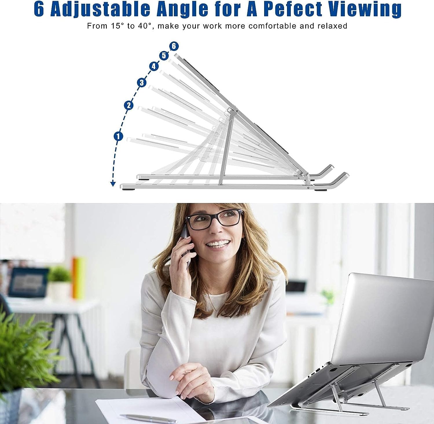 Laptop Stand Adjustable Computer Stand Aluminum Riser Holder Compatible with MacBook Air Pro, HP, Dell, More 10-15.6” Laptops Collapsible and Non-Slip Metal