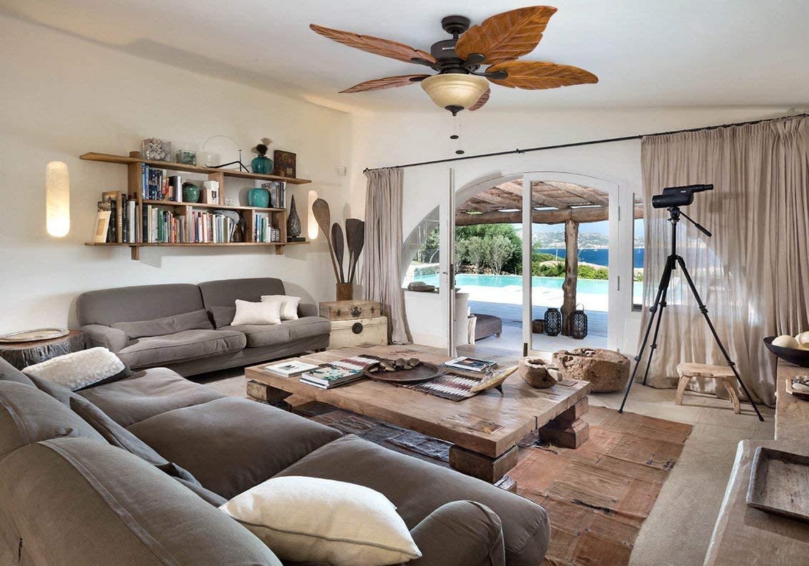 Honeywell Ceiling Fans Royal Palm, 52 Inch Tropical LED Ceiling Fan with Light, Pull Chain, Three Mounting Options, Hand Carved Solid Wood Blades - 50204-01 (Bronze)
