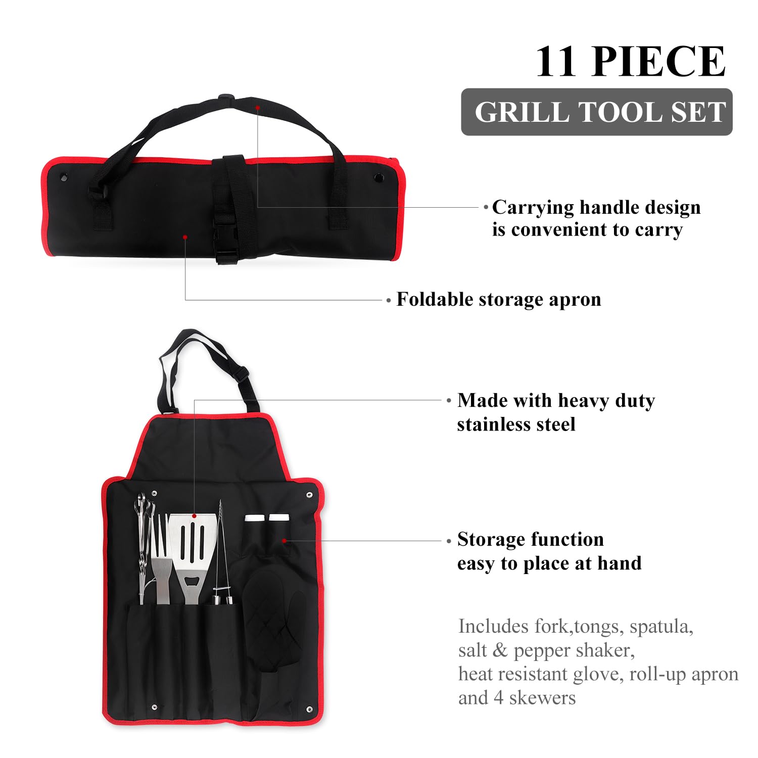 HomeEase BBQ Grill Tools Set -11pcs Heavy Duty Stainless Steel Grill Set with Apron, Grill Utensils Set in Portable Canvas Bag for Outdoor,Camping,Backyard