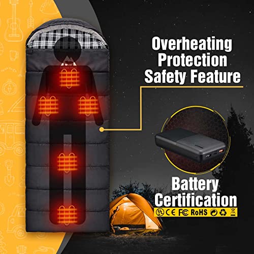 KINGS TREK Sleeping Bag Heated with Battery Pack & Compression Bag, Waterproof Lightweight Sleeping Bag for Camping, Backpacking, Hiking (Black)