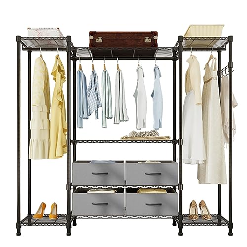 Wekity Wire Garment Rack Heavy Duty Clothes Rack,Closet Organizer Metal Garment Rack Portable Clothes Hanger Home Shelf Fabric Drawers,Freestanding Closet Wardrobe (Black)