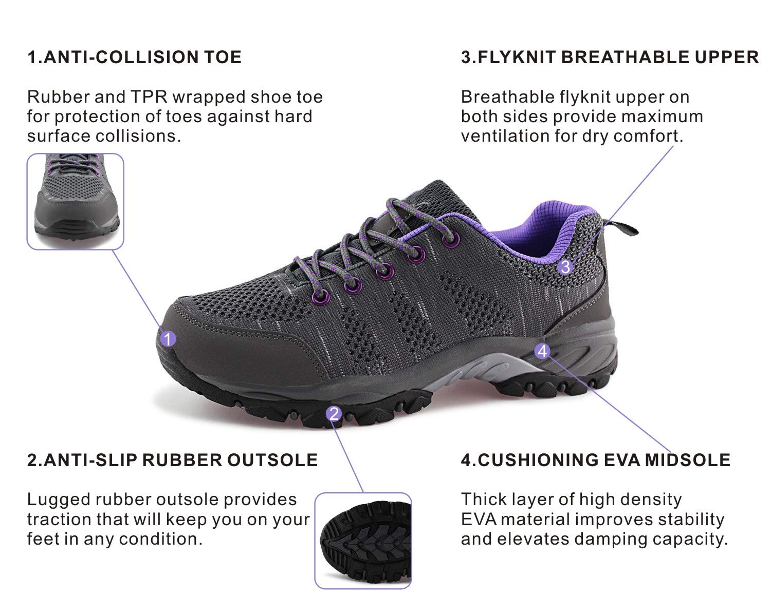 JABASIC Women Hiking Shoes Breathable Mesh Athletic Outdoor Sneakers (Grey/Purple,7)