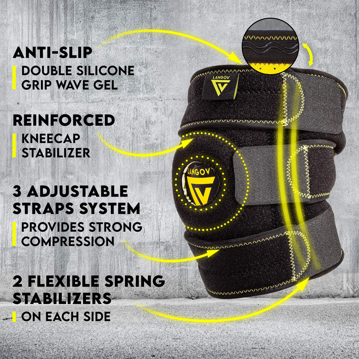 LANGOV Knee Brace For Knee Pain For Women & Men β Knee Compression Sleeve - Open Patella Knee Support With Adjustable Straps β Relieves Pain - Stablizer Wraps For Running, Working Out, Weightlifting