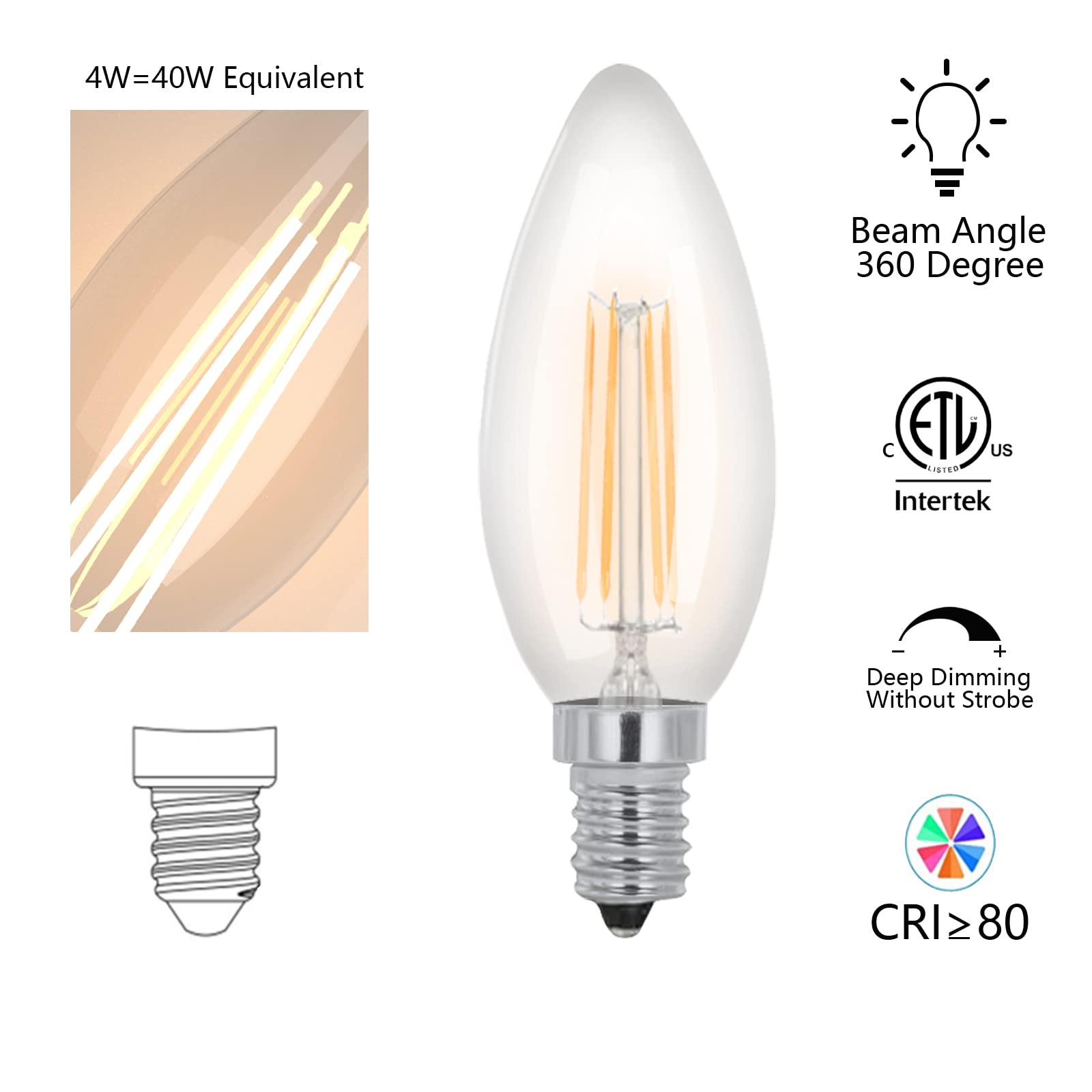 Maxax C35 LED Dimmable Bulb, E12 Base Candle Bulbs, 4W 4000K Neutral White, B10 500lm, ETL Listed, 360° Beam Angle, Pack of 6