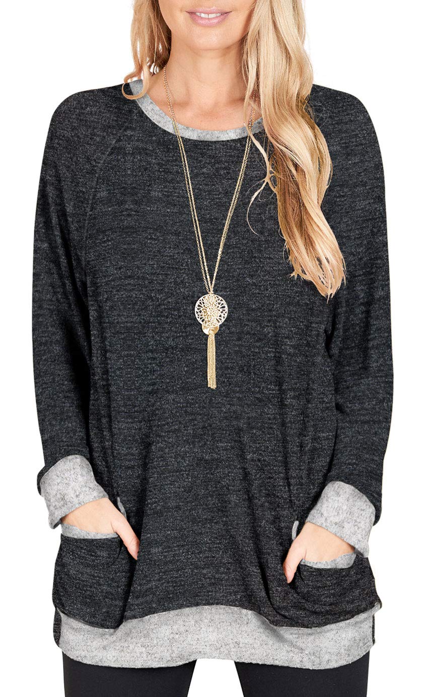 LILBETTER Womens Loose Long Sleeve Tops Crew Neck Casual Blouses Tunic Tops(Black,Medium)
