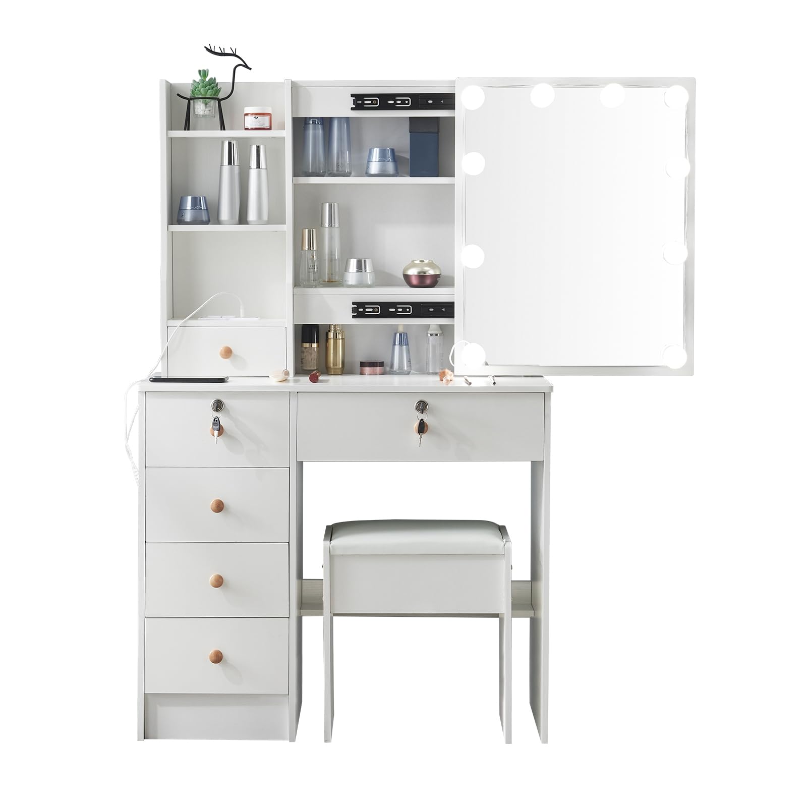 Jarbalai Makeup Vanity Dressing Table with Sliding LED Lighted Mirror and Power Outlets, White Modern Vanity Set with 5 Drawers and Cushioned Stool for Bedroom