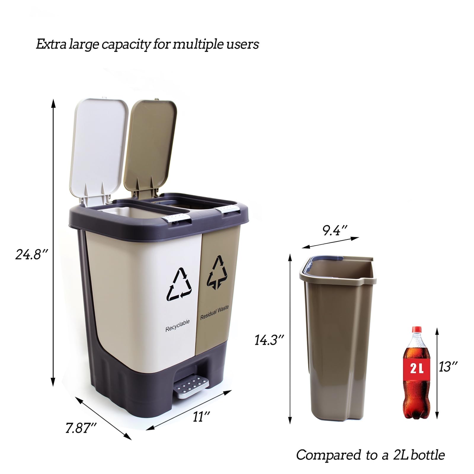 Winsterch Dual Compartment Trash and Recycling Bin, 2 Sections with Lid, for Kitchen, Bathroom, Bedroom,Pedal Operated, Trash Can with Lid, for Kitchen, Home Office,40L