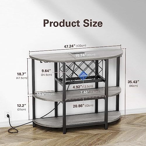 Zarler Bar Table Cabinet with Power Outlet, LED Home Mini Bar for Liquor and Glasses, Metal Wine Bar Stand with 4-Tier Storage, Grey