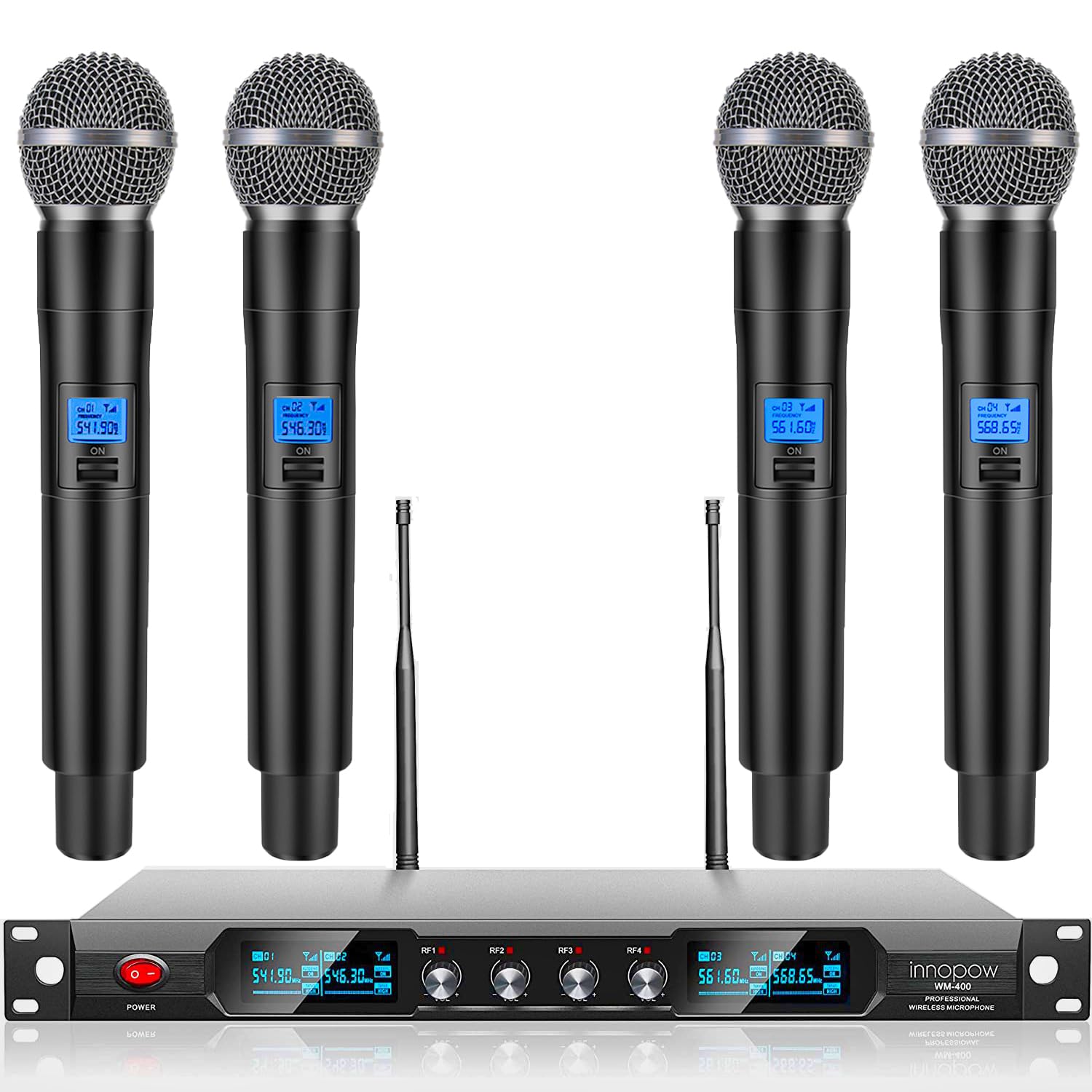 innopow 4-Channel Wireless Microphone System, Quad UHF Metal Cordless Mic, 4 Handheld Mics, Long Distance150-200Ft, Fixed Frequency, 16 Hours Use for Karaoke Singing, Church