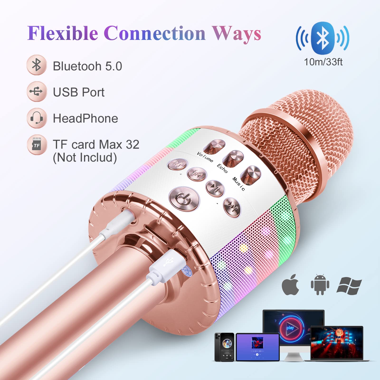 Microphone for Kids, Kussla Wireless Bluetooth Microphone with LED Lights Karaoke Machine for Kids, Girls Boys Toy and Gift for 2, 3, 4, 5, 6+ Years Old