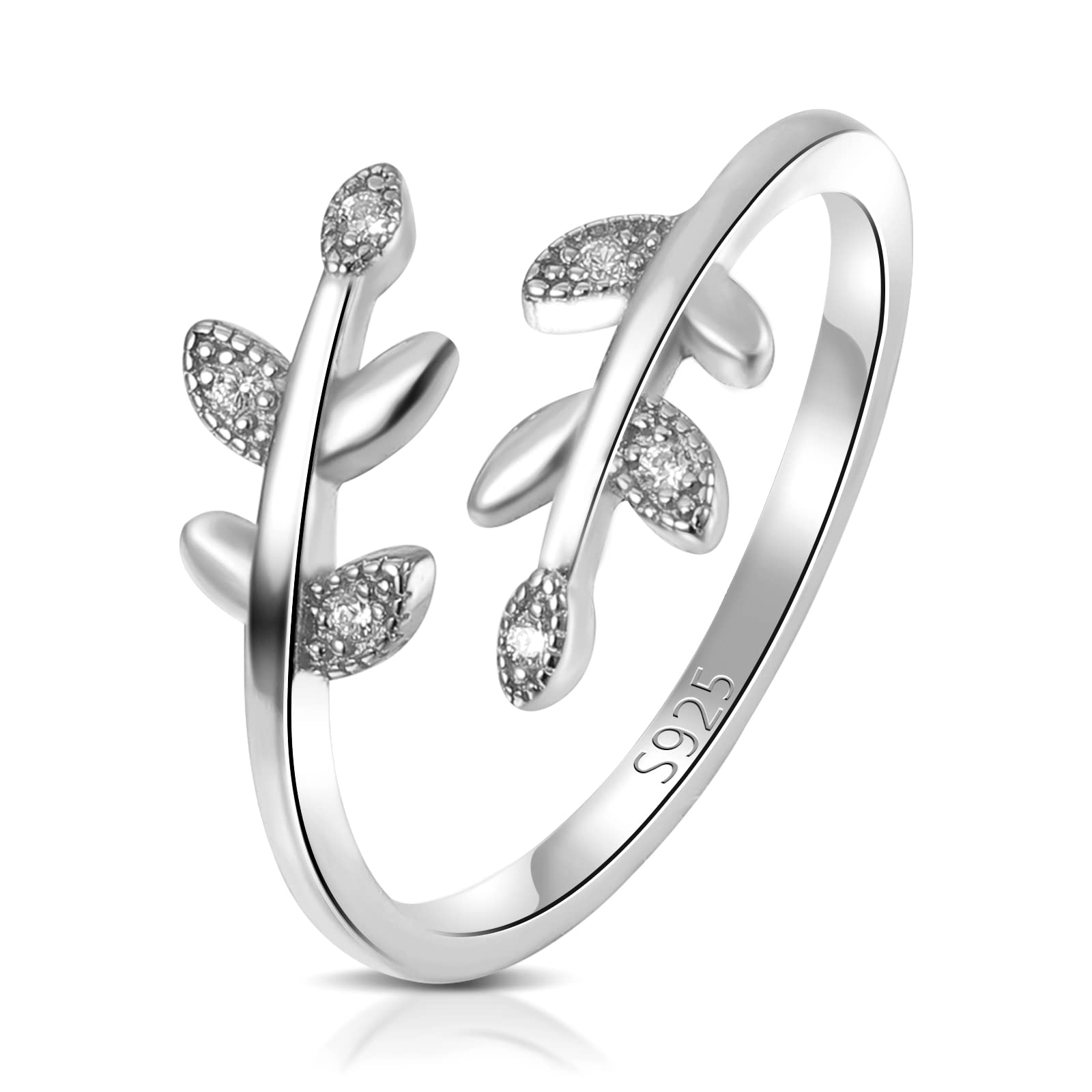 LOVECOM 925 Sterling Silver Leaf Rings With Zircon for Women Open Adjustable Statement Wedding Bands Jewelry Gifts for Her (Silver)