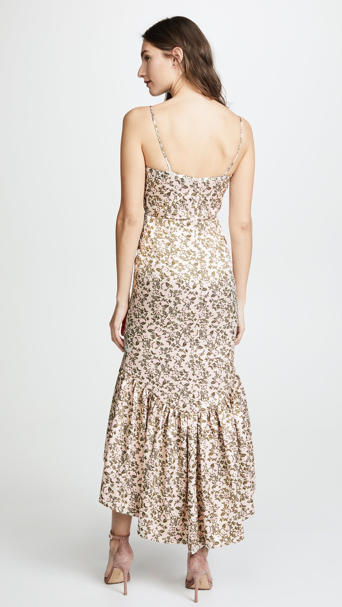 Jill Jill Stuart Women's Floral Jacquard midi Dress with Side Cutouts, Blush/Olive Multi, 0