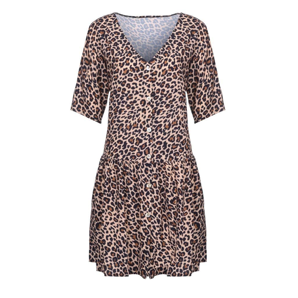 Leopard Shirt Dress for Women Button Down Casual Losse Shift Dress Half Sleeve Patchwork Short Dress