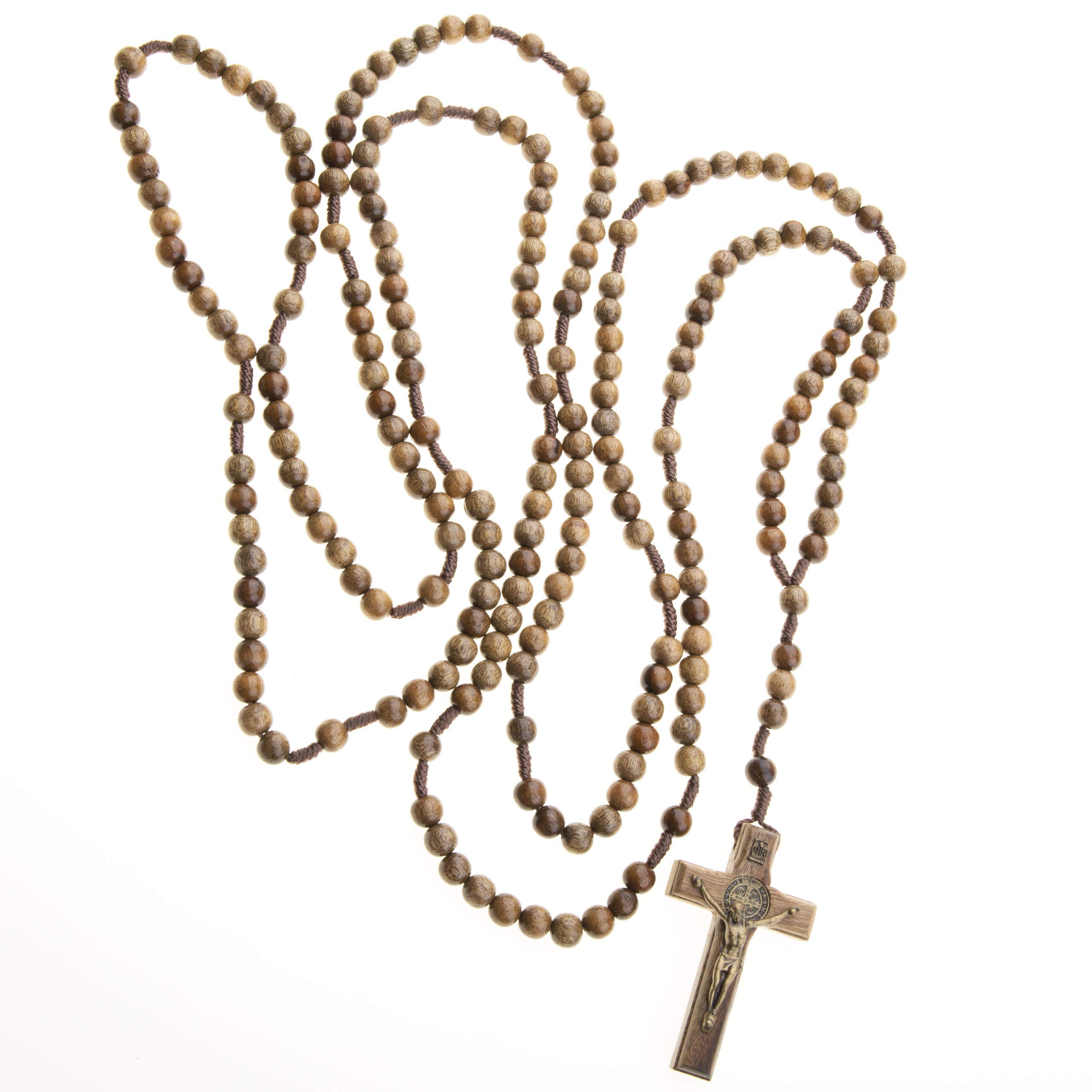 Iconeum 20 Decade Rosary Beads Catholic 7mm Brown Wood 43" Long on Durable Cord Wooden Crucifix