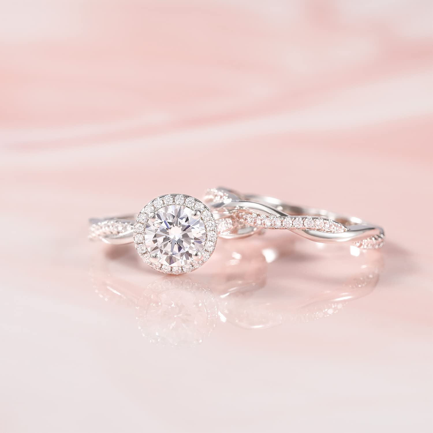 Mameloly 1.2ct Wedding Rings for Women CZ Bridal Ring Sets Round Cut Halo Cubic Zirconia Engagement Rings Twisting Infinity Pave Set Size 7