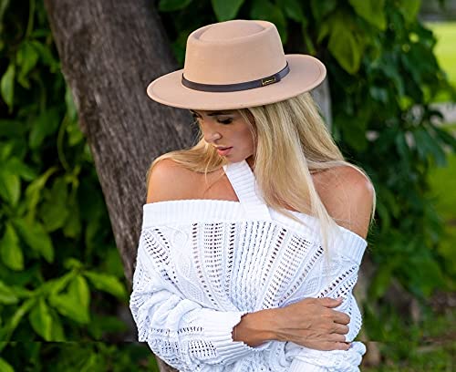 Lanzom Women Retro Felt Panama Hat with Belt Buckle Wool Wide Brim Fedora Hat (A-Oatmeal, Medium)