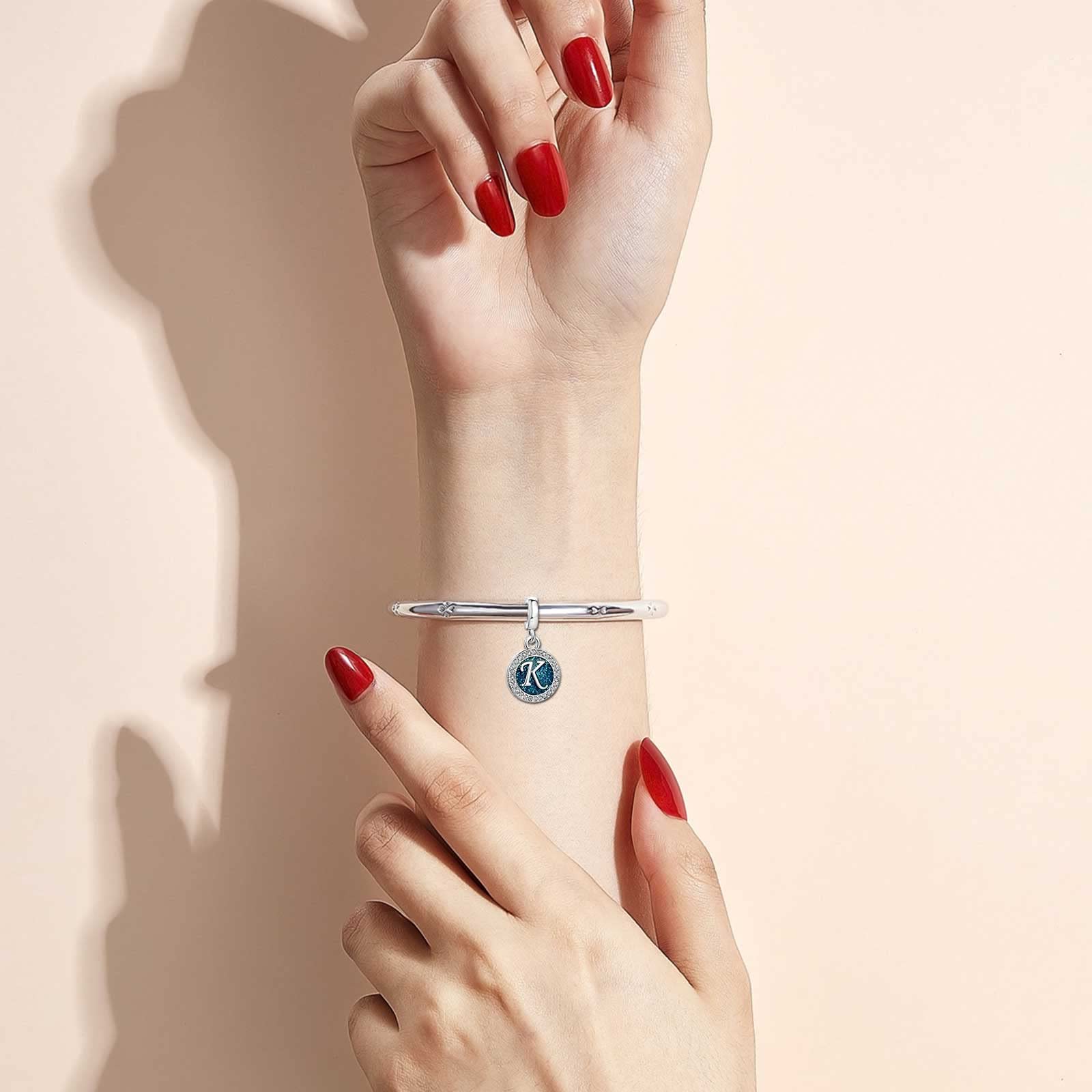 KunBead Initials K Letter Spakling Blue Alphabet Dangle Birthday Charm Compatible with Pandora Bracelet for Women
