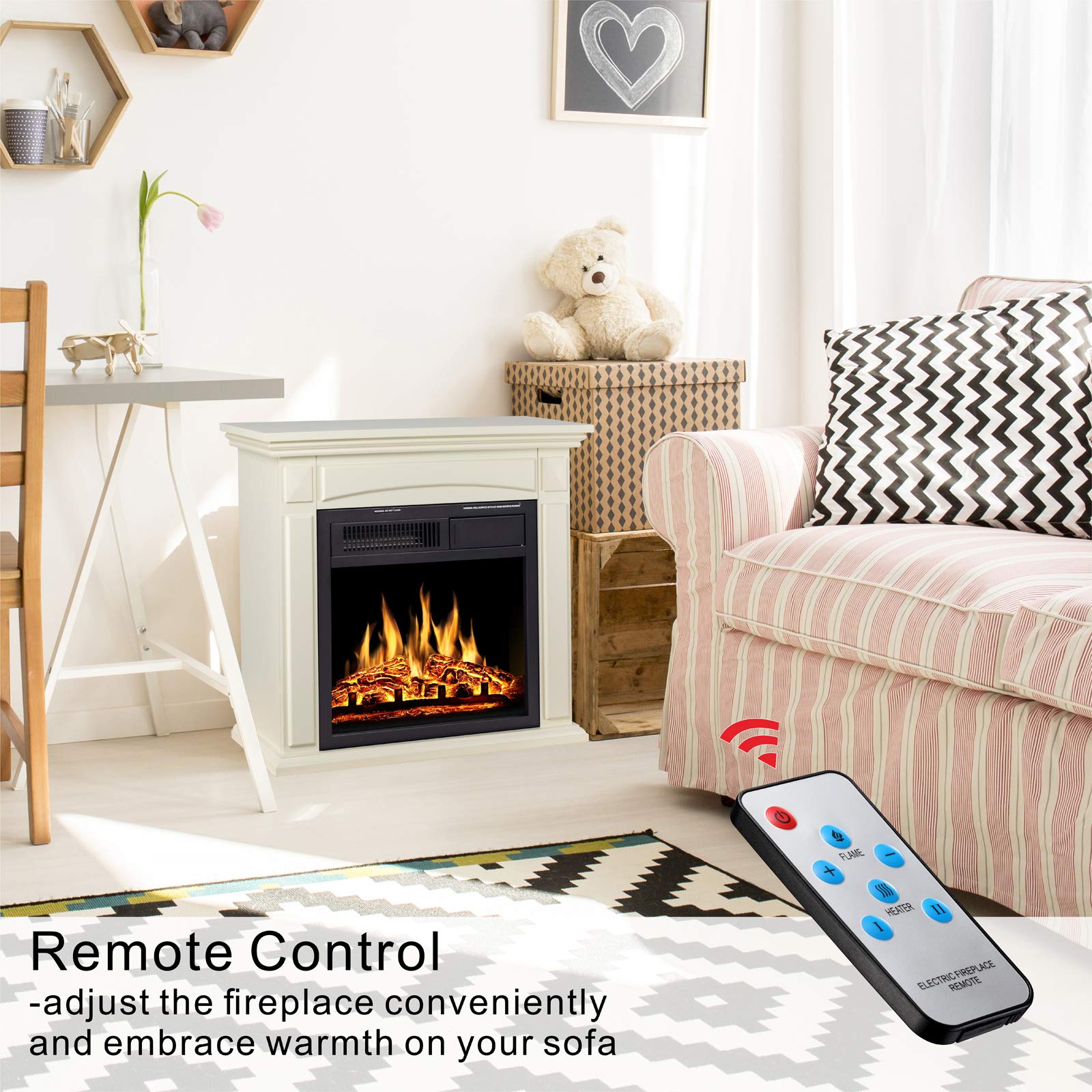 JAMFLY 26’’ Mantel Electric Fireplace Heater Small Freestanding Infrared Quartz Fireplace Stove Heater w/Log Hearth& Wood Surround Firebox, Adjustable Led Flame, Remote Control,750W-1500W, (Brown)…