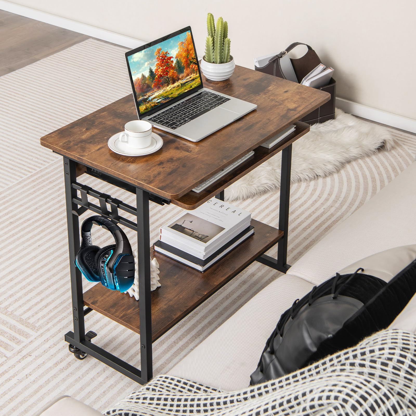 Julimoon Rolling Computer Desk, Mobile Desk with Keyboard Tray & Mouse Tray, Portable Laptop Cart with Shelf & Hooks, Small Desk for Small Spaces, Study Table for Bedroom, Apartment, Home Office Desk