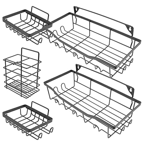 Zerodeko 5pcs Wall Mounted Wire Rack Produce Baskets with Hooks Soap Dish Kitchen Spices Rack Bathroom Organizer Shower Caddy Home Storage Accessories for Bathroom Kitchen Sink