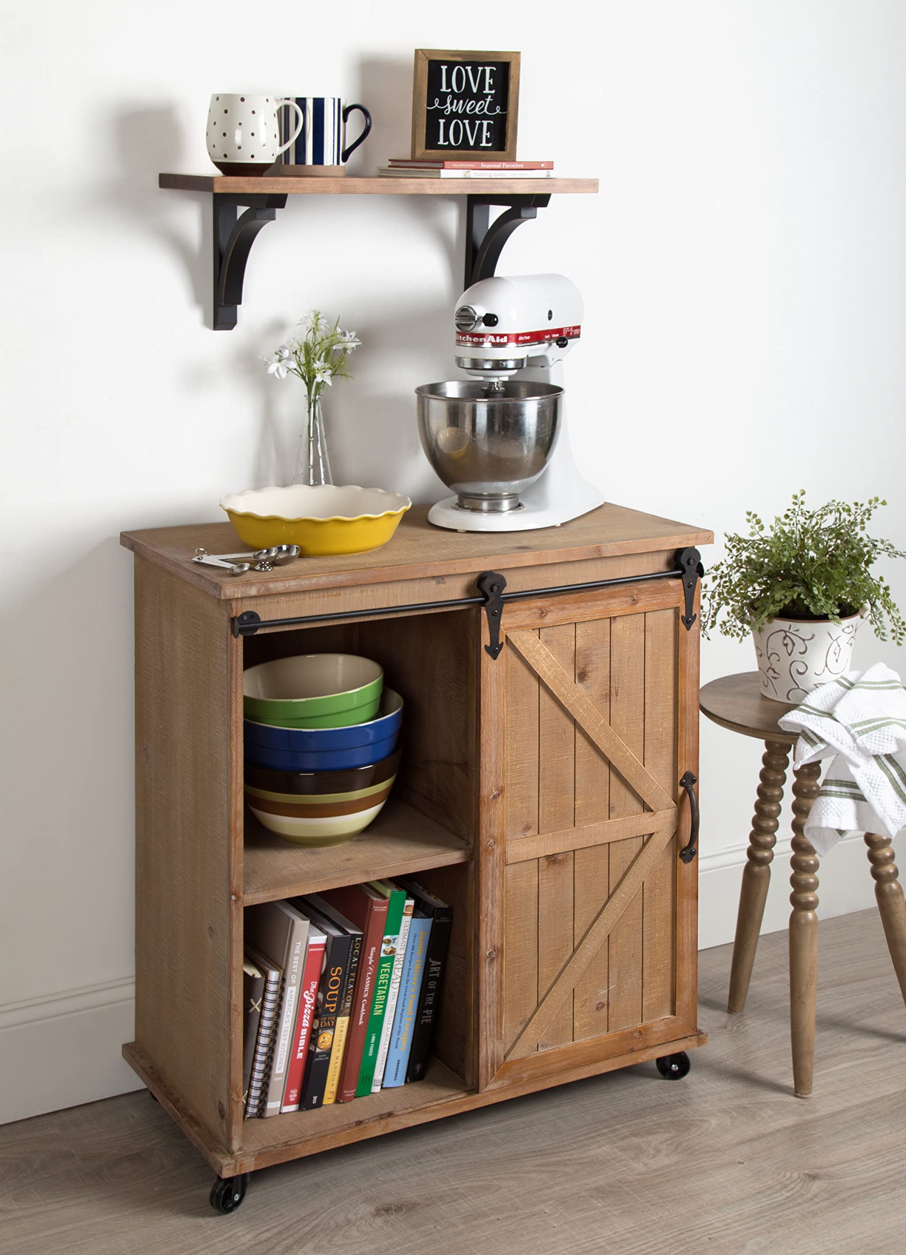 Kate and Laurel Cates Multi-Purpose Wooden Rolling Kitchen Cart Storage Cabinet with Sliding Barn Door, Rustic Wood Finish