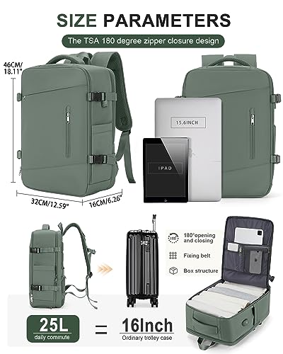 Large Travel Backpack for Women Carry On Airline Flight Approved Expandable Work Personal Item size Backpack Bag with Laptop compartment for College Men Waterproof Hiking Mochila de Viaje Green