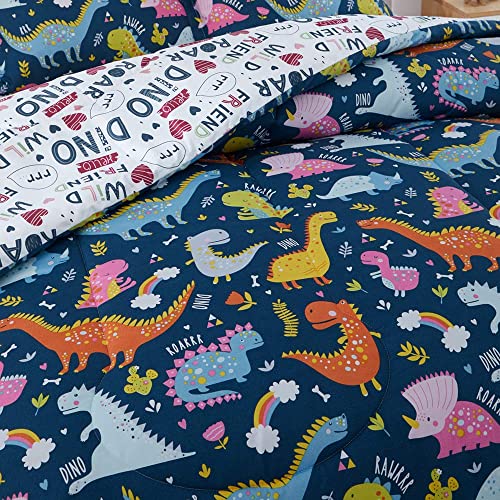 Joyreap 3pcs Comforter Set for Kids Boys, Cute Dinosaur Printed on Navy Reversible Design, Soft Microfiber Comforter for All Season (Twin, 68x86 inches)