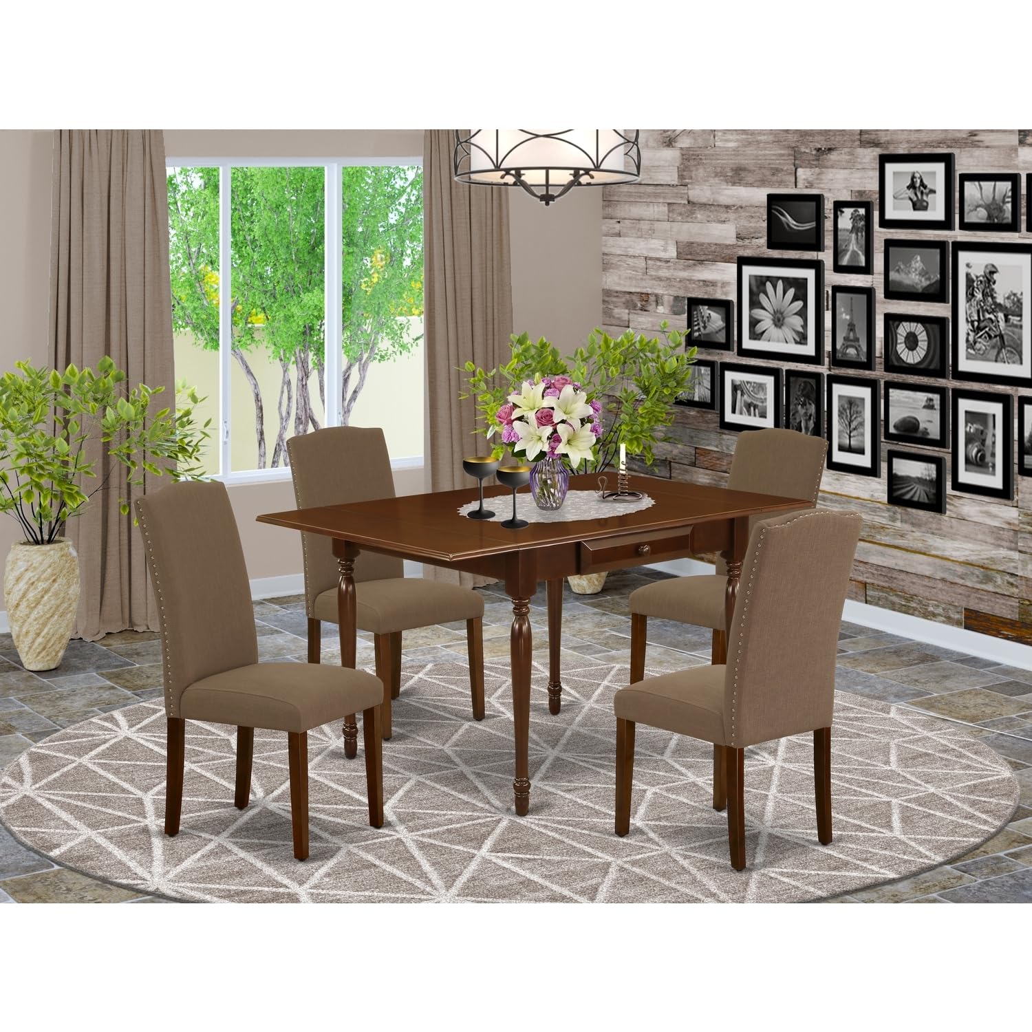 HomeStock Lakefront Luxury 5Pc Kitchen and Dining Room Table Set Offers A Rectangular Table and 4 Parsons Chairs with Coffee Color Linen Fabric, Drop Leaf Table with Full Back Chairs, Mahogany Finish