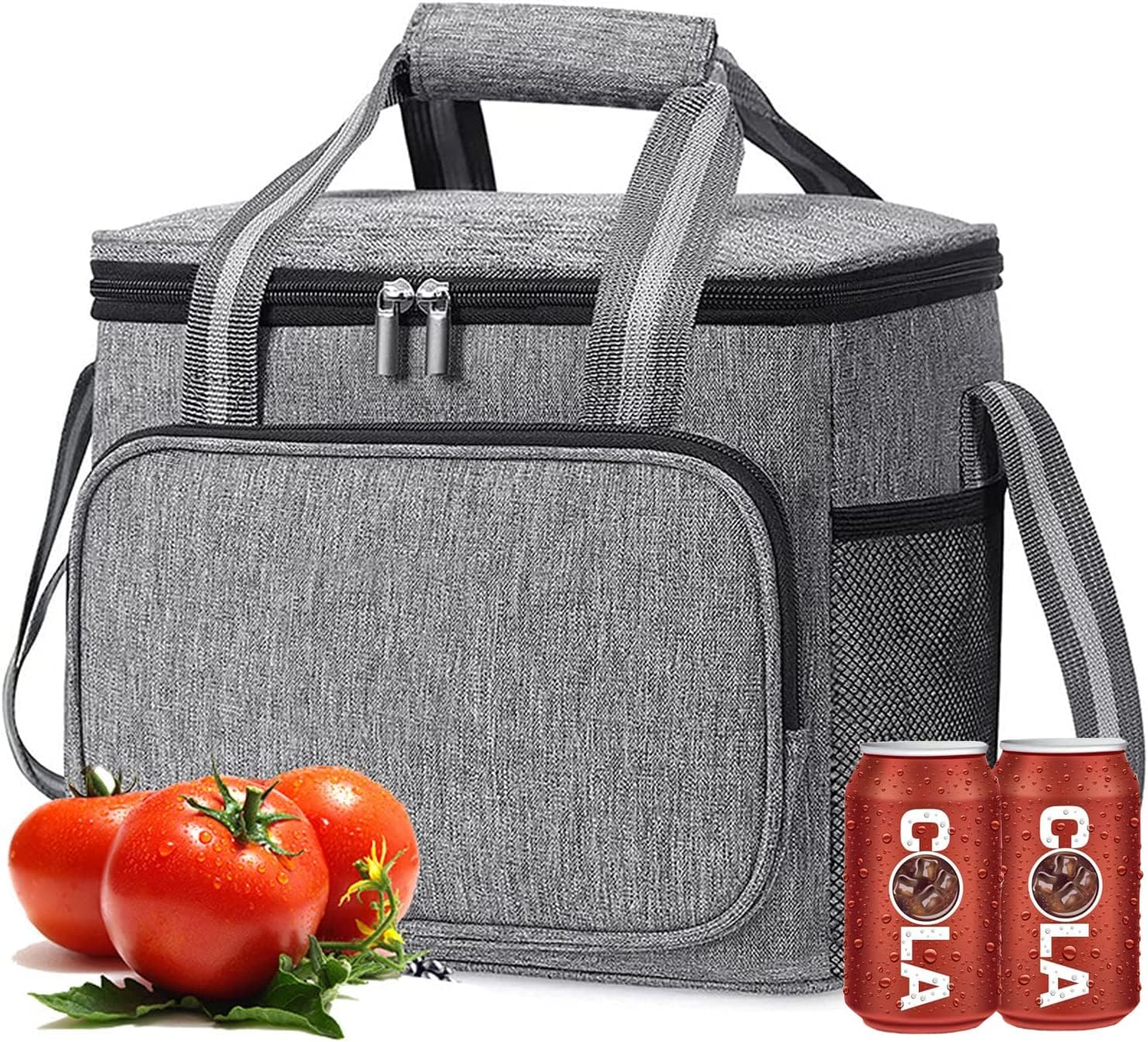Insulated Cooler Bag for 24Can (14L) Reusable Thermal Bag Leakproof Freezable Cooler Bag Organizer with Adjustable Shoulder Strap for Women Men Office Work Picnic Hiking Beach, Grey