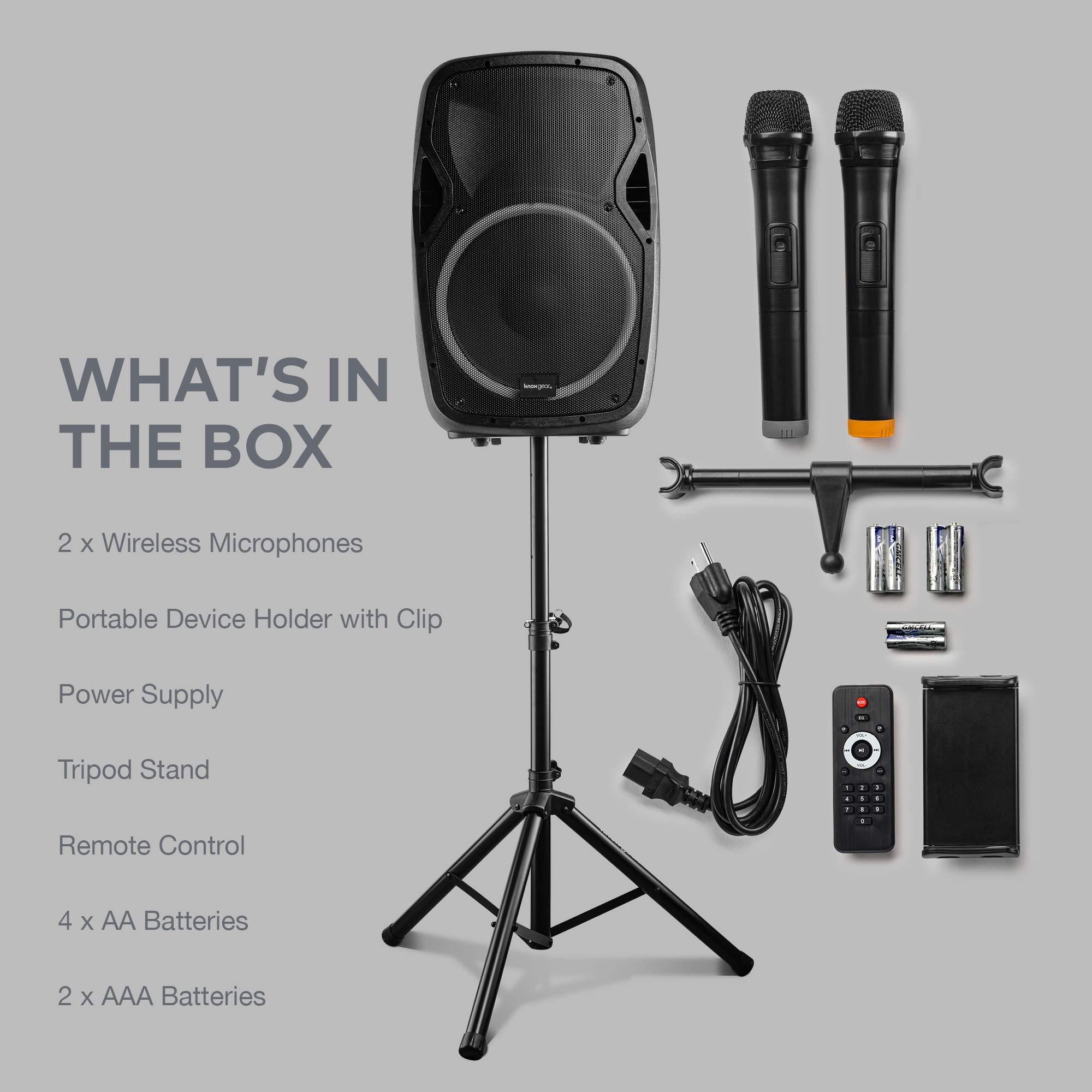 Knox Gear Portable Rechargeable Bluetooth Speaker Karaoke Machine System with 2 Wireless Microphones, Indoor Outdoor Party Size Active Amplifier with Stand and Phone Mount