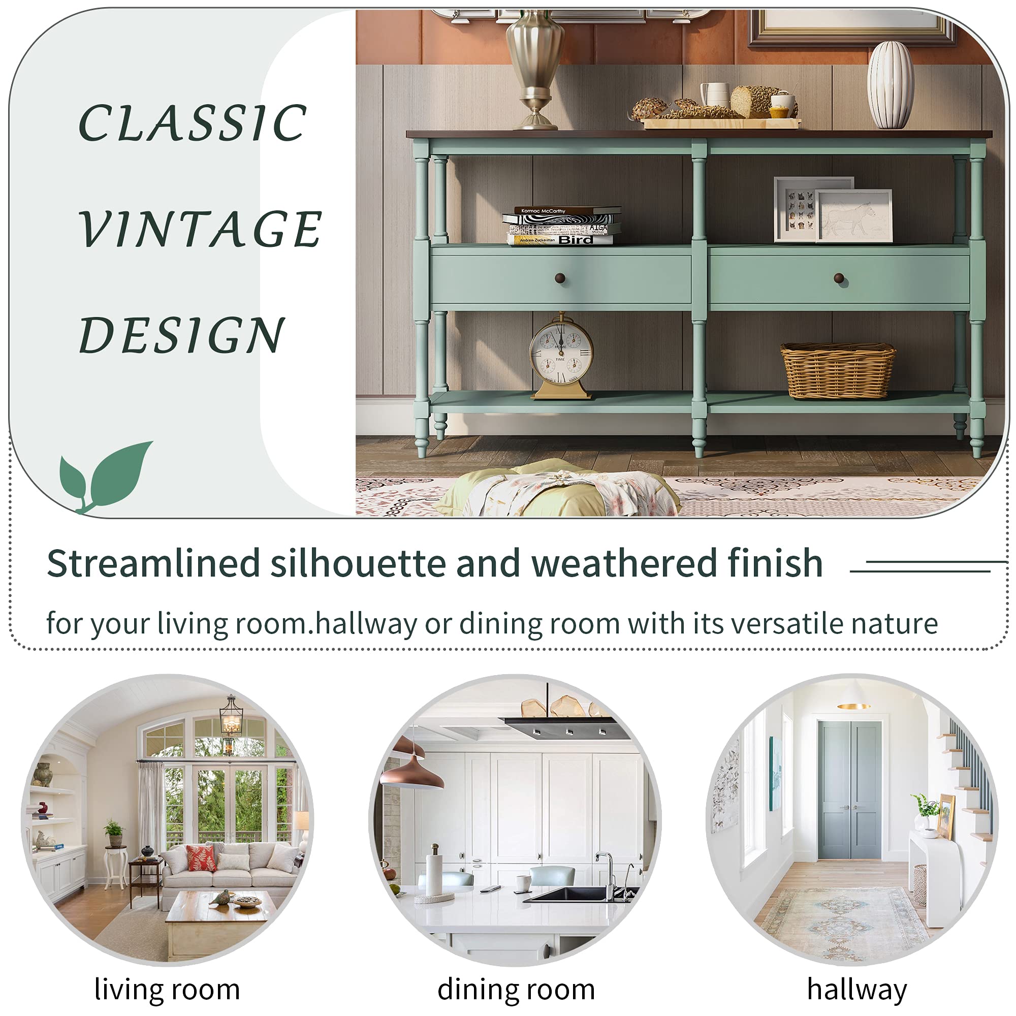 Merax Entryway Table Retro Style Console Table Sofa Table with 3-Tier Open Storage Shelf and 2 Drawers for Living Room Hallway (Cherry and Antique Blue)