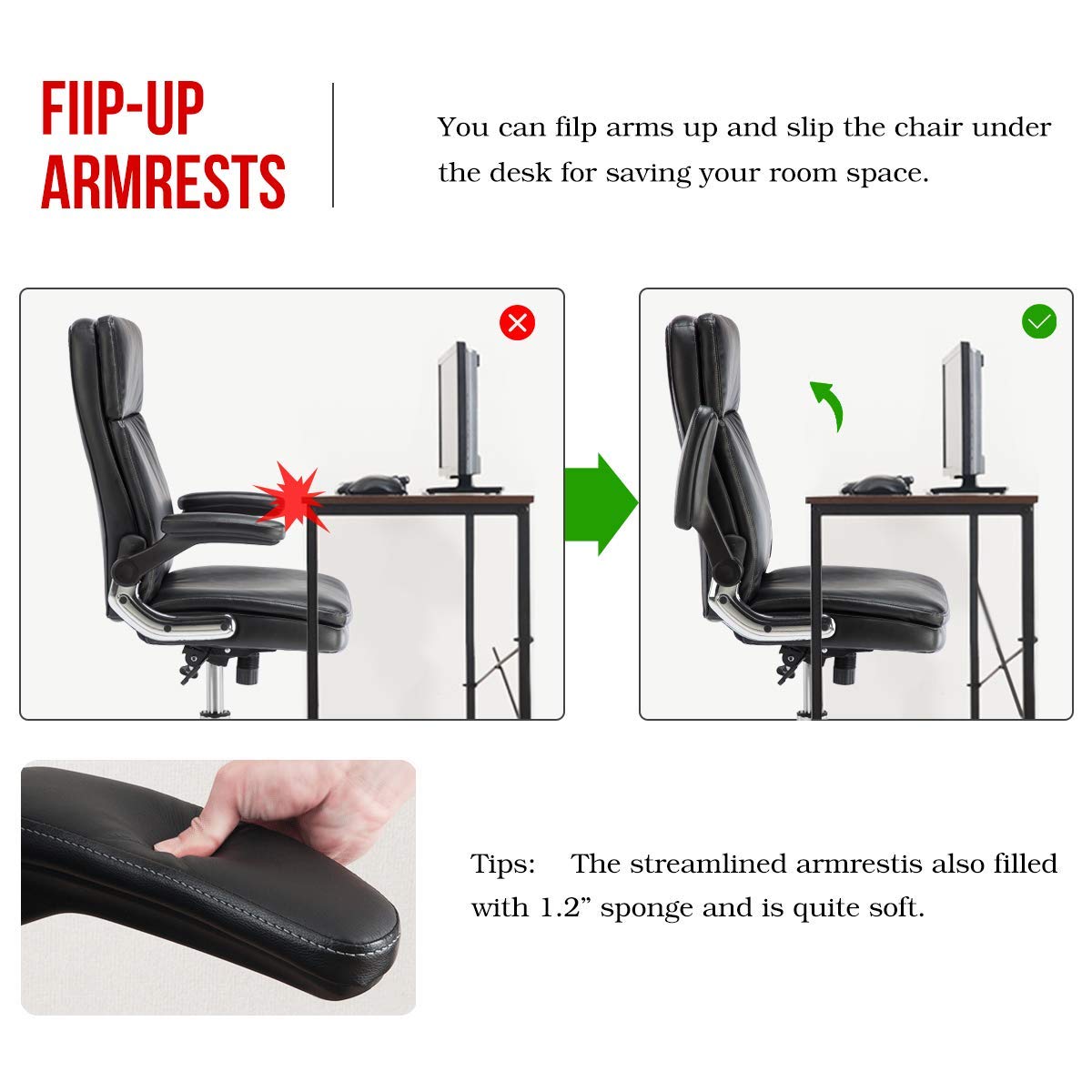 KERMS Executive Office Chair PU Leather Desk Chair with Lumbar Support and Flip Up Arms, High Back Office Chair Adjustable Recline Locking, Black