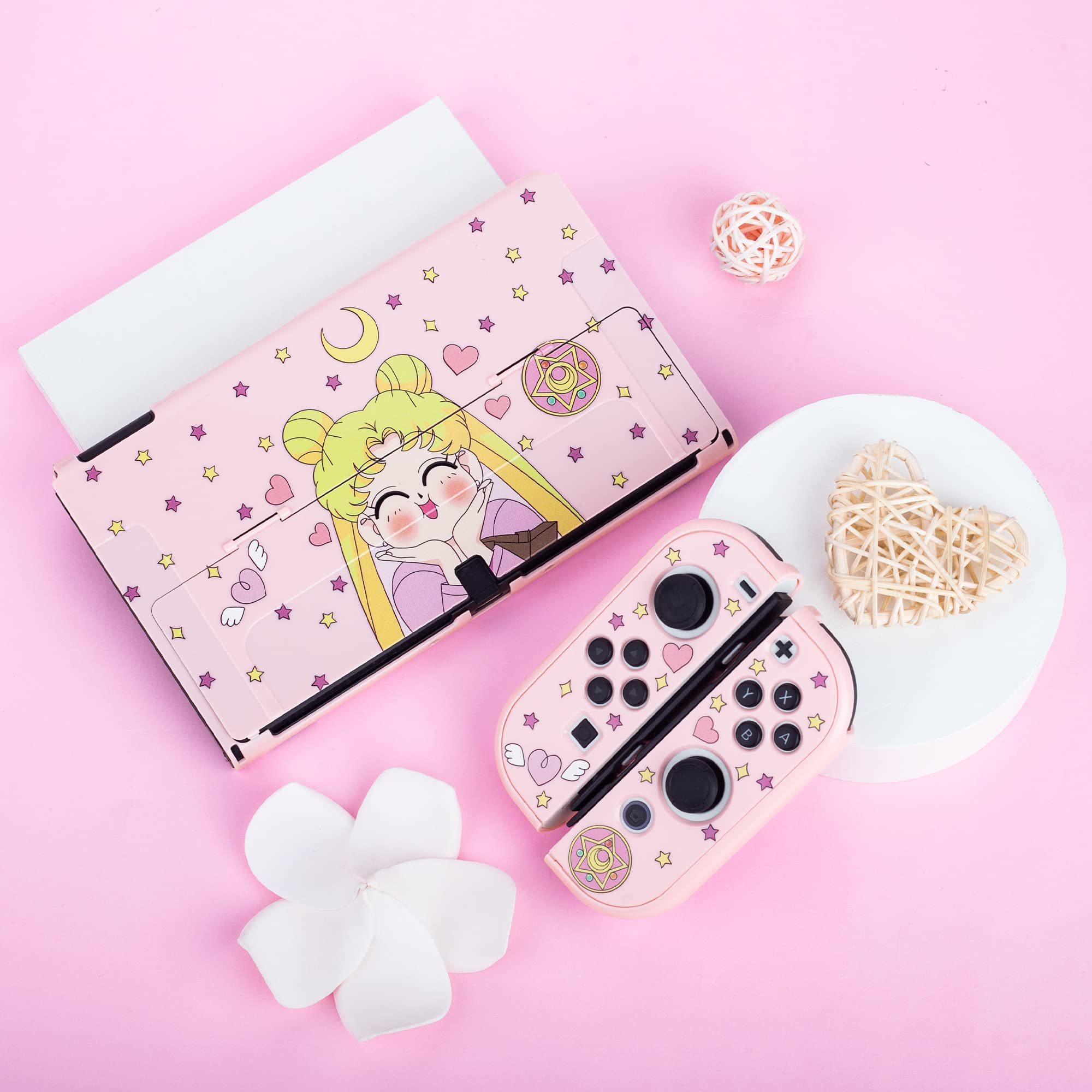 LASTYAL Anime Girl Protective Shell Compatible with Nintendo Switch OLED Model, Cute Pink Case for Switch OLED Console and Joycon Controller with Screen Protector and 4 Thumb Grip Caps
