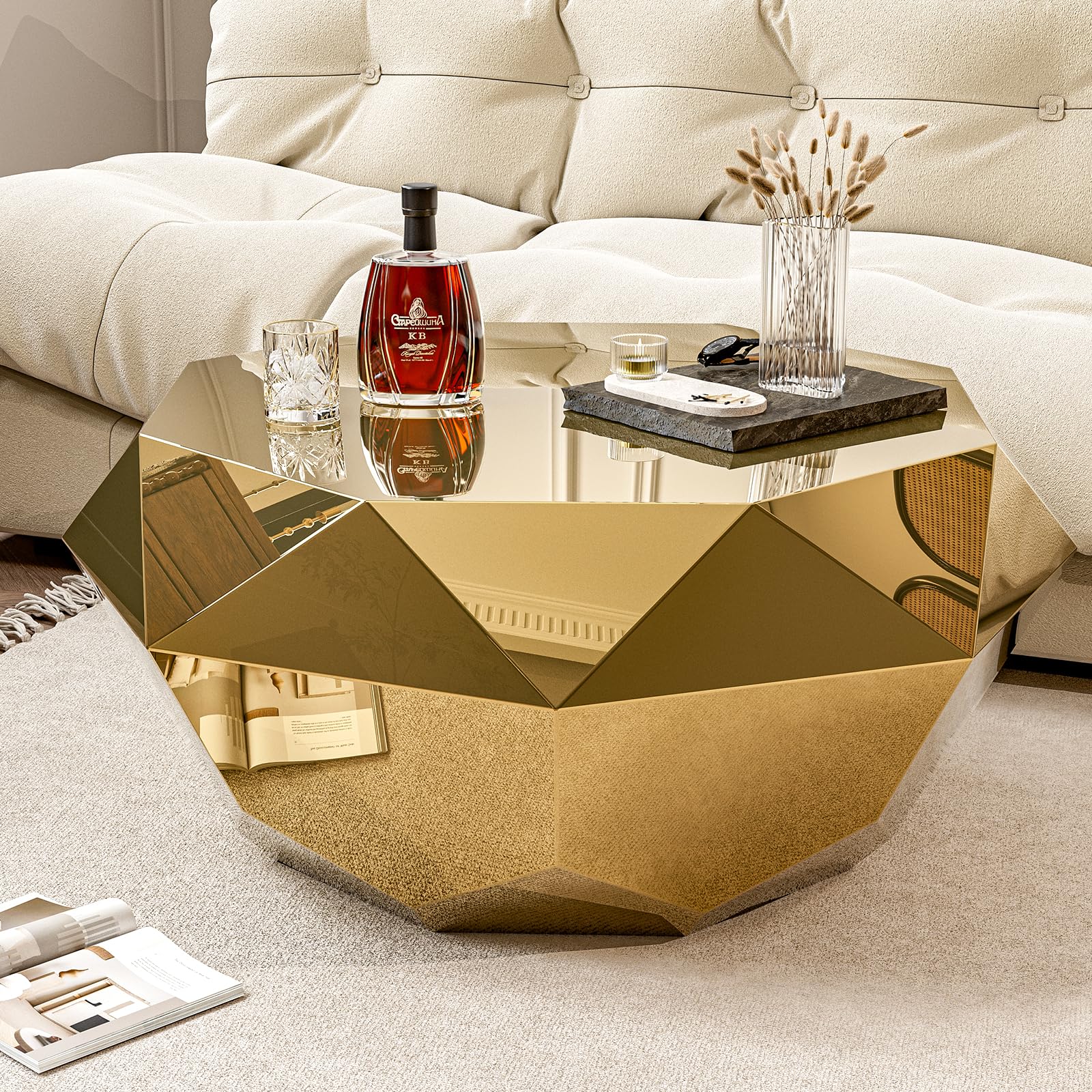 IKIFLY Modern Gold Stainless Coffee Table, Large Diamond Fashion Design Accent Table End Table for Living Room Bedroom