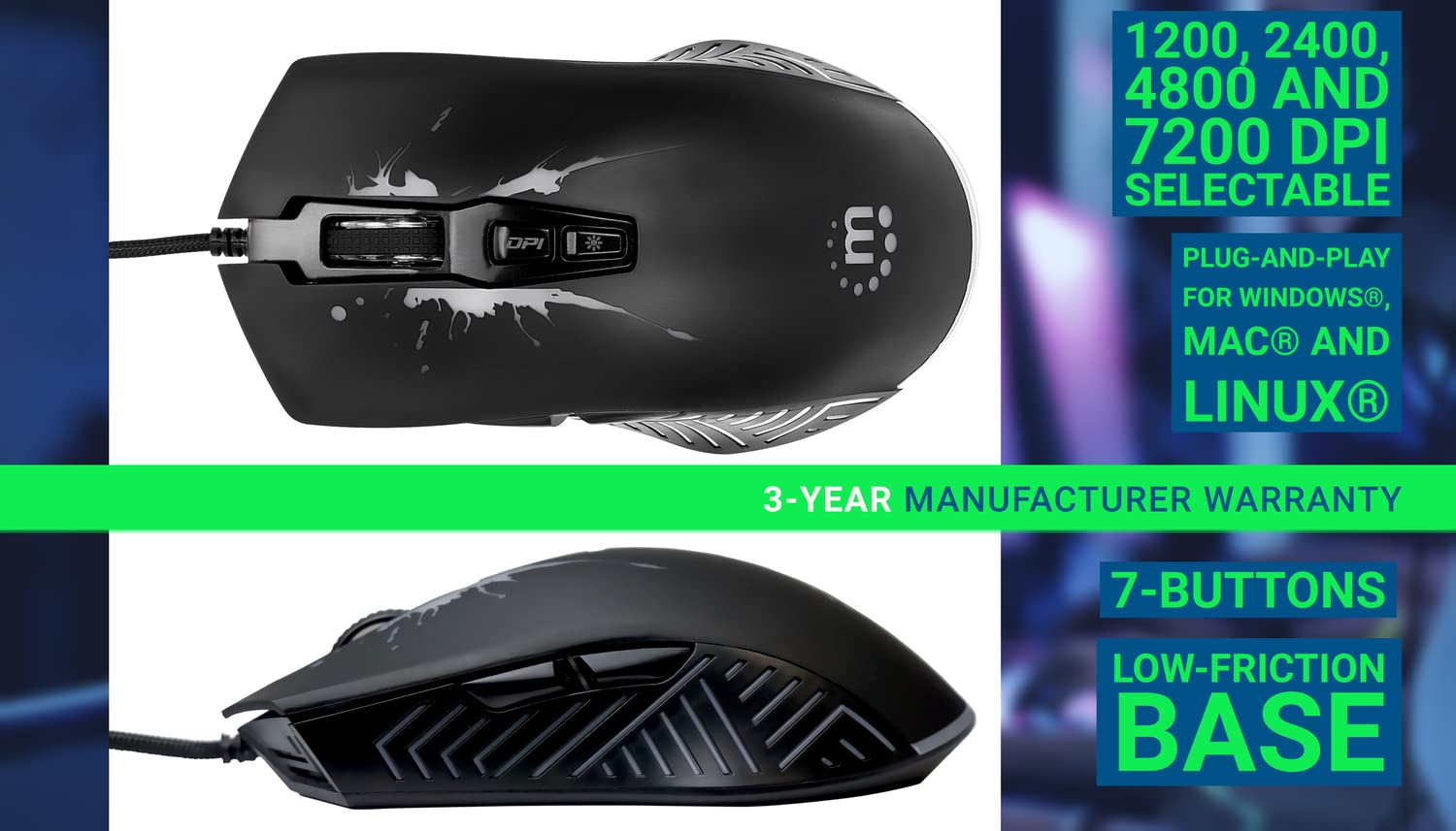 MANHATTAN Wired RGB Gaming Mouse β Long 5 ft Braided USB Cable, 7200 DPI, Ergonomic Gamer Optical Mouse with Light Up LED -for Windows PC and Laptop Computer- Black β 3 Yr Mfg Warranty β190121