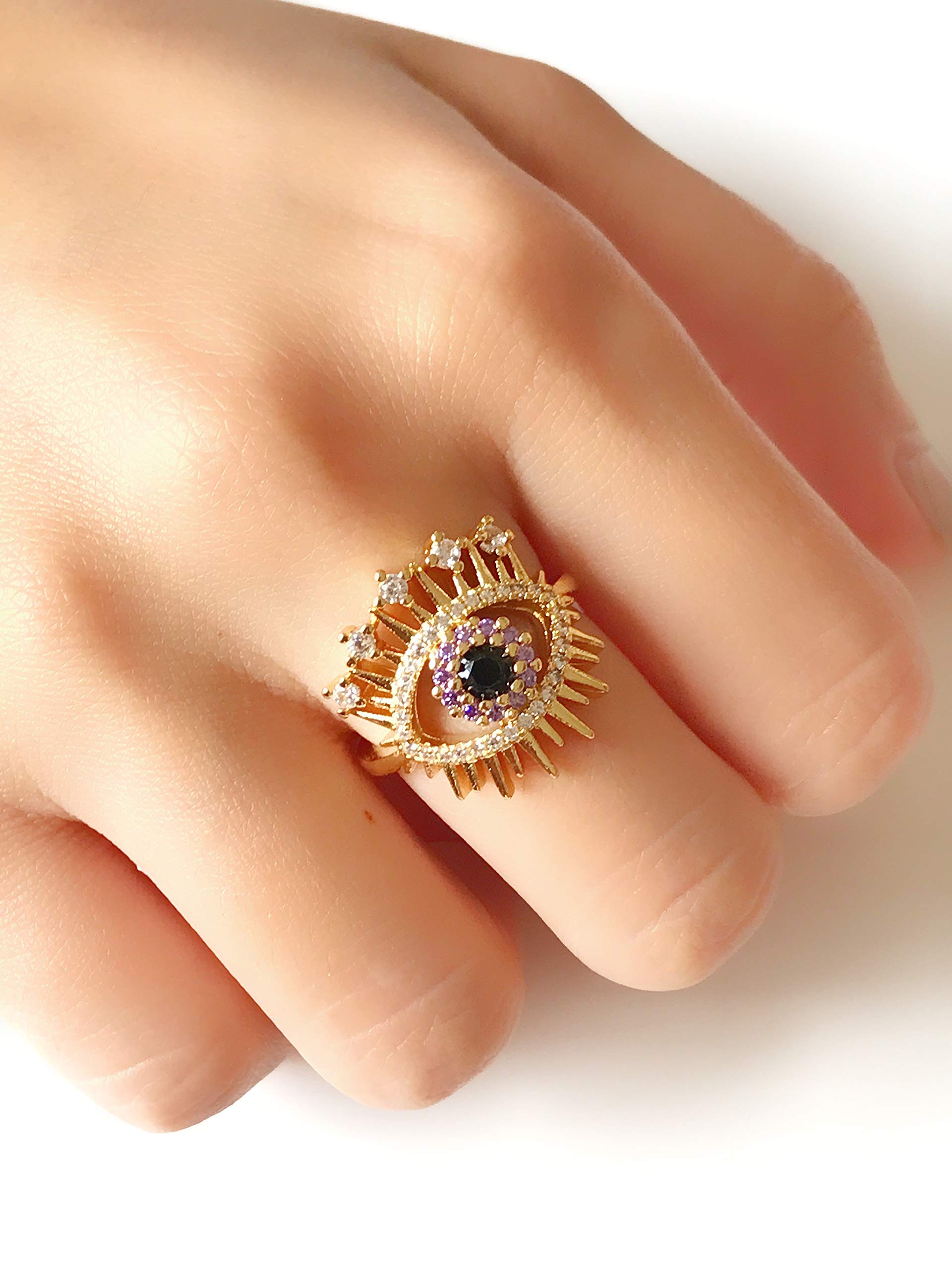 LESLIE BOULES 18K Gold Plated Evil Eye Ring for Women Protection Jewelry (Gold)