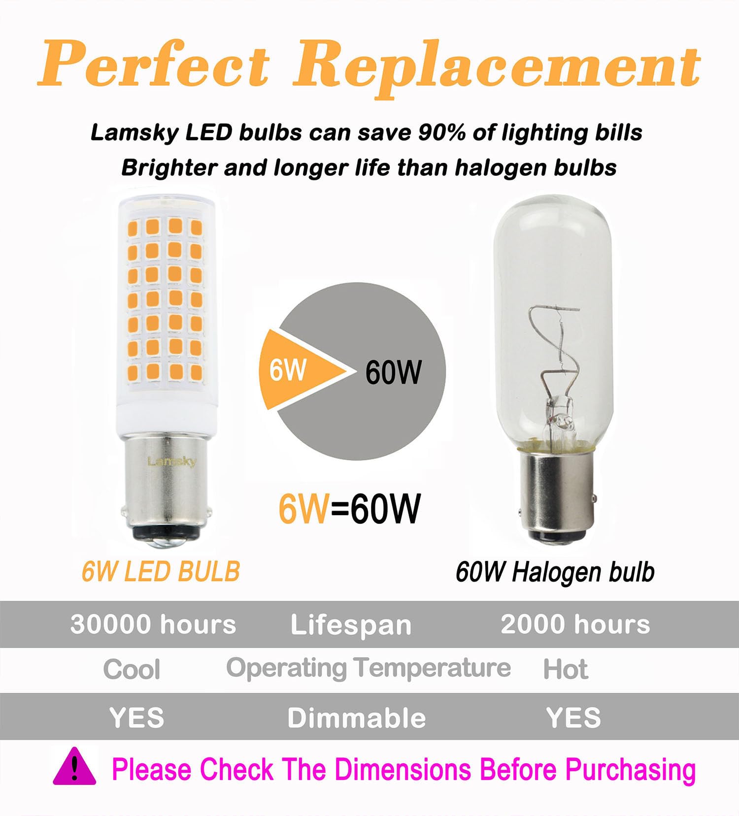 Lamsky BA15D Led Bulbs 6W Dimmable 120V,B15 Double Contact Bayonet Base,Soft Warm White 3000K,60W JD Type T3/T4 Halogen Equivalent Replaces for Pendants Ceiling Fans Sewing Machine Light(6-Pack)
