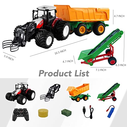 Peagprav RC Tractor Remote Control Truck with Trailer 1/24 Scale 2.4Ghz Farm Electronic Vehicle Hay Conveyor Dumpable Trailers with Bale Gripper for Kids Age 5 6 7 8 9 up Years Old