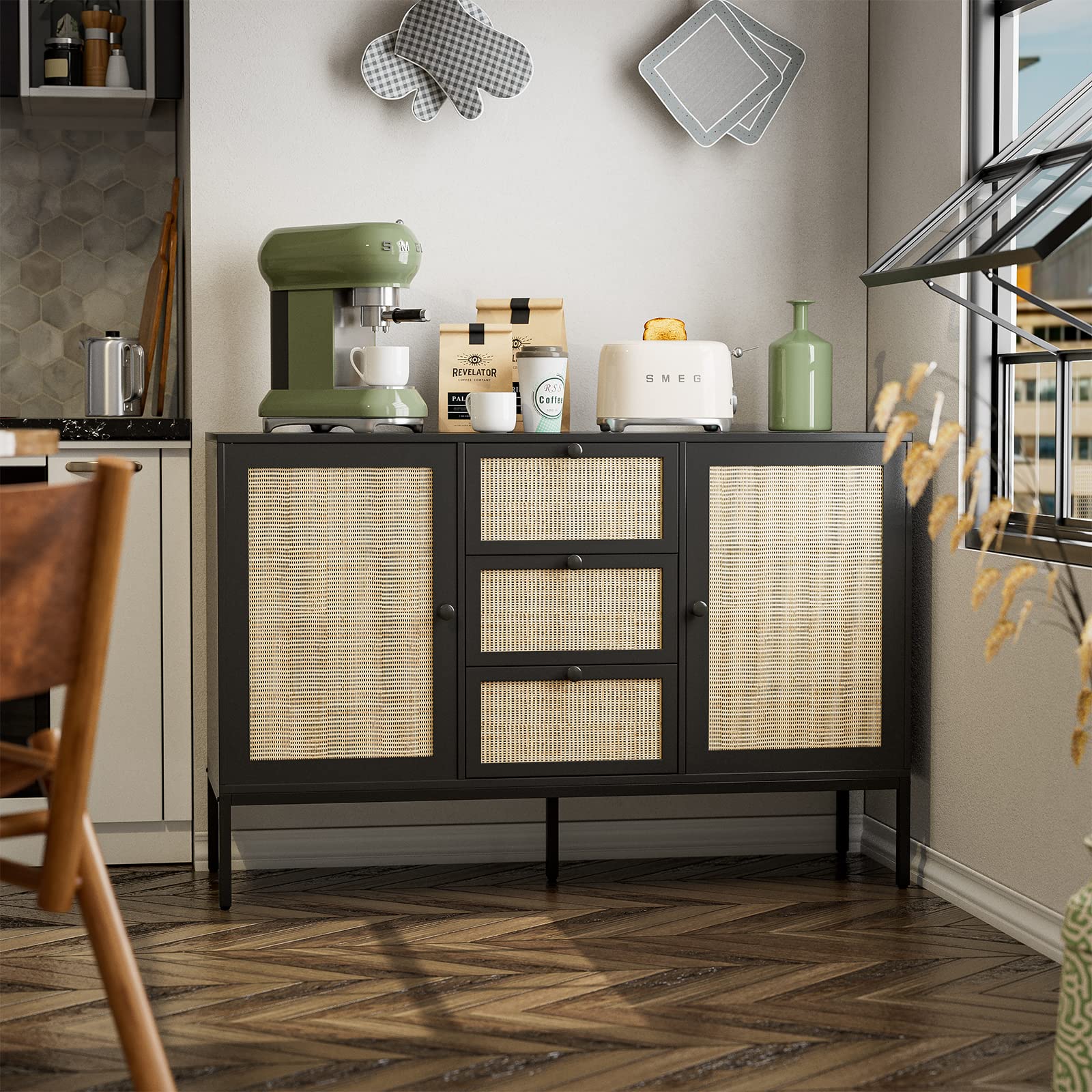 IKIFLY LED Sideboard Buffet Cabinet with 3 Drawers & 2 Doors, Modern Kitchen Rattan Storage Cabinet for Dining Room, Kitchen, Living Room, Entryway